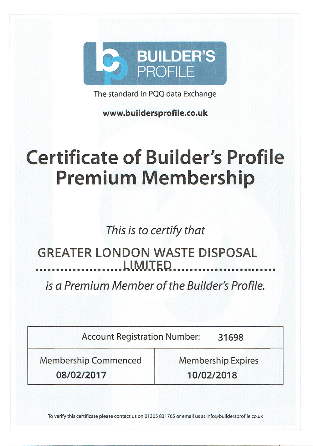 Part of the Builder's Profile for another year - Greater London Waste